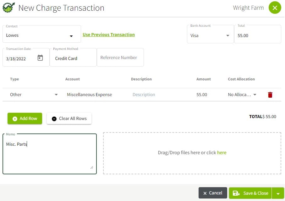 How do you record a Credit Card charge in Traction?