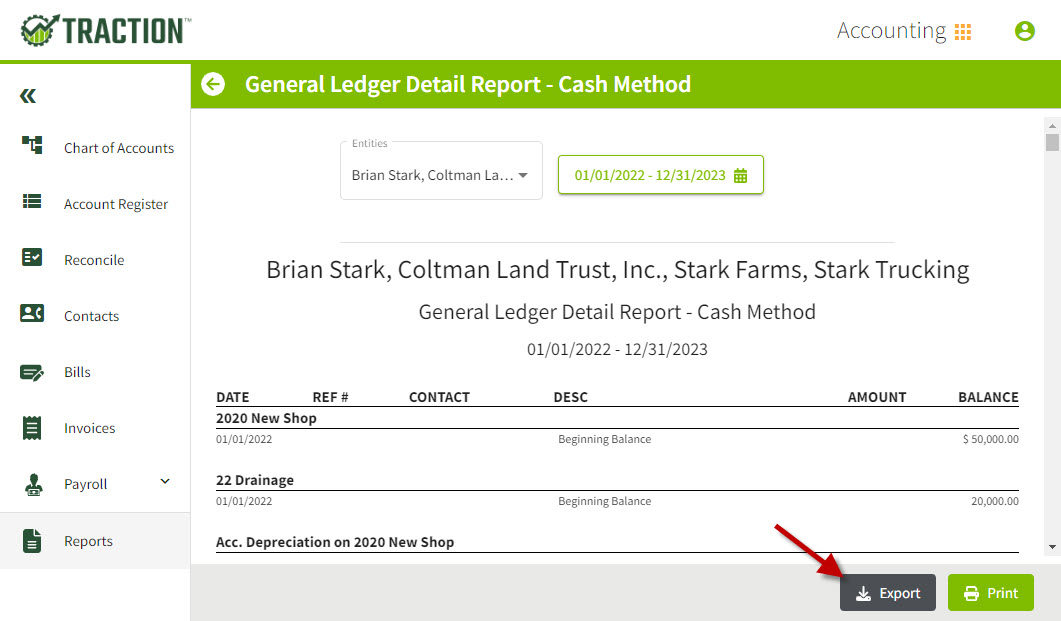 How do I export a Traction Report and import the data into a spreadsheet?
