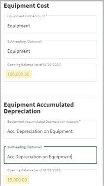 How do I add equipment accounts on the balance sheet?