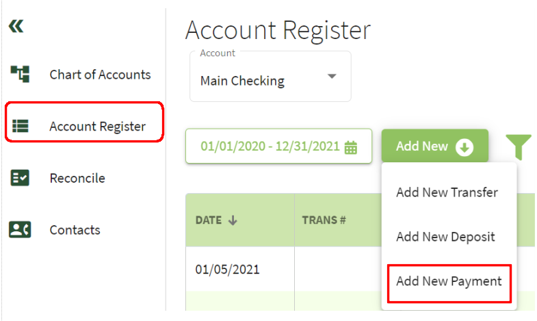 How do I manually enter a new payment or deposit transaction?