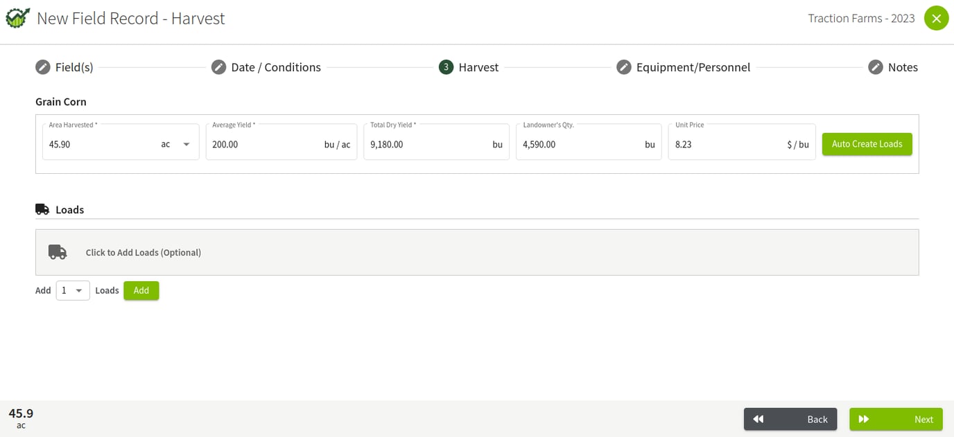How do I enter and edit harvest field records with storage locations?
