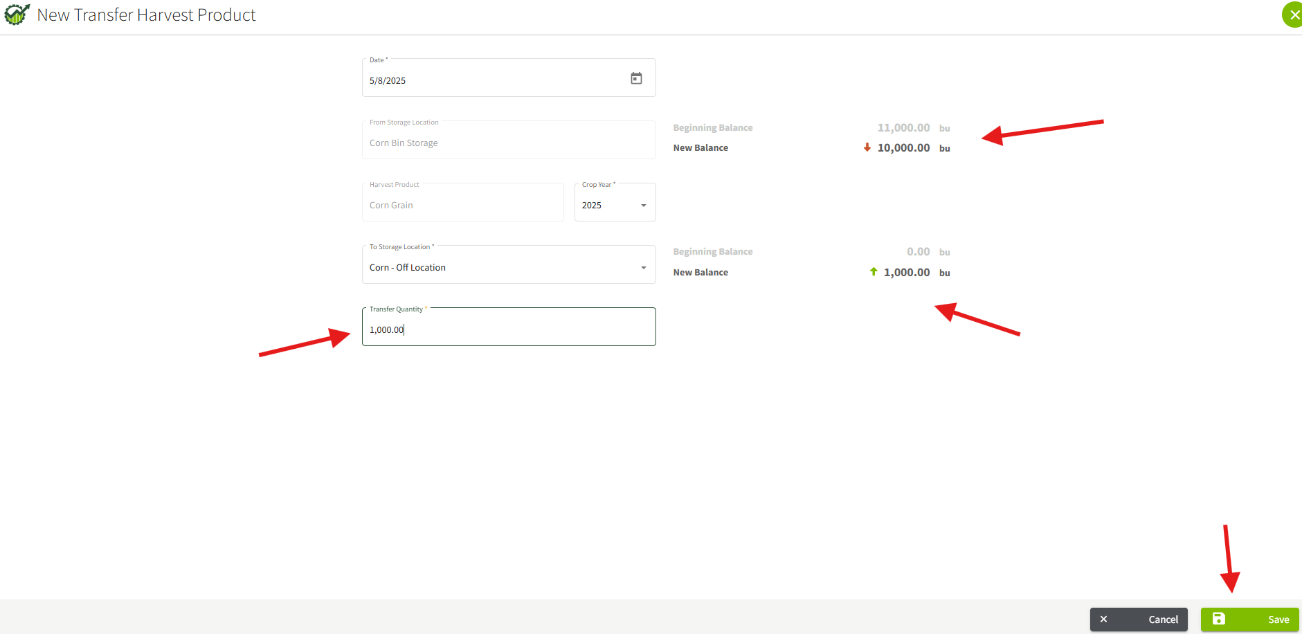 How do I transfer crops between storage locations?
